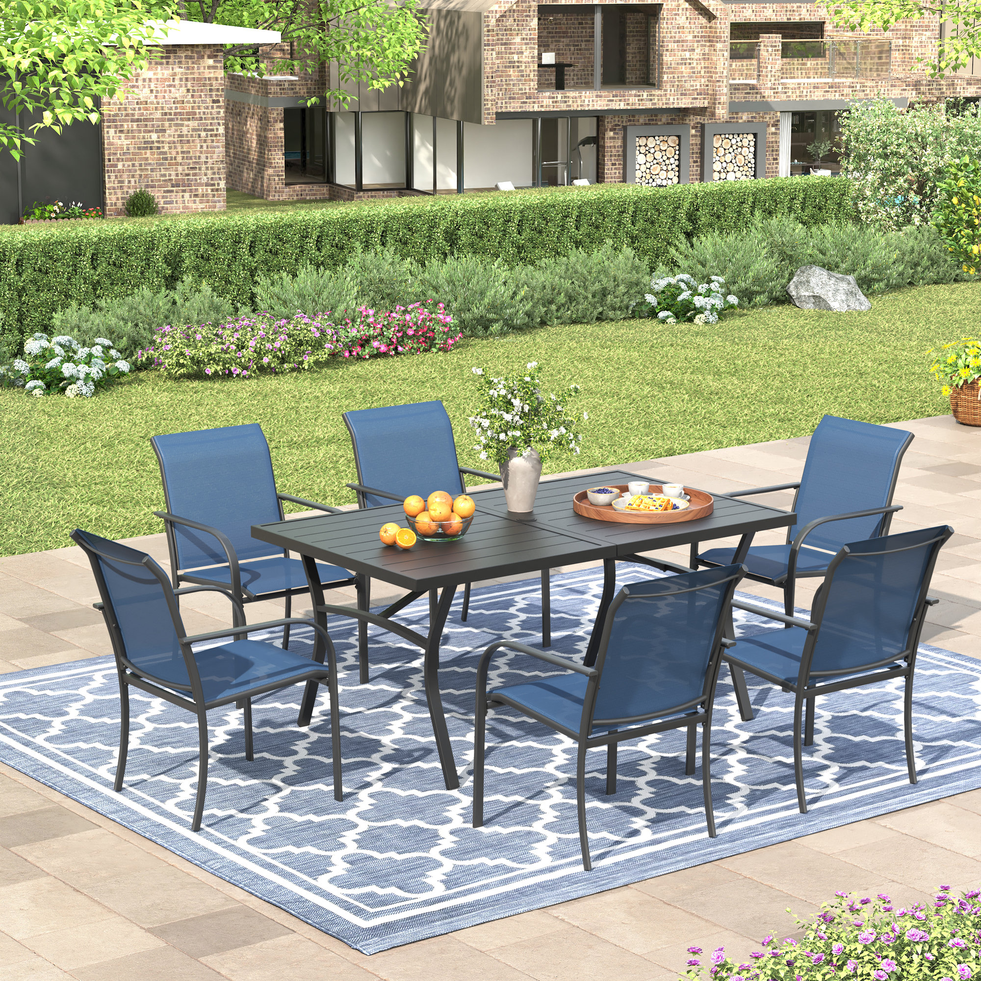 Lark Manor™ 63" Patio Dining Set with Extra Large Rectangular Dining Table and 6 Stackable ...